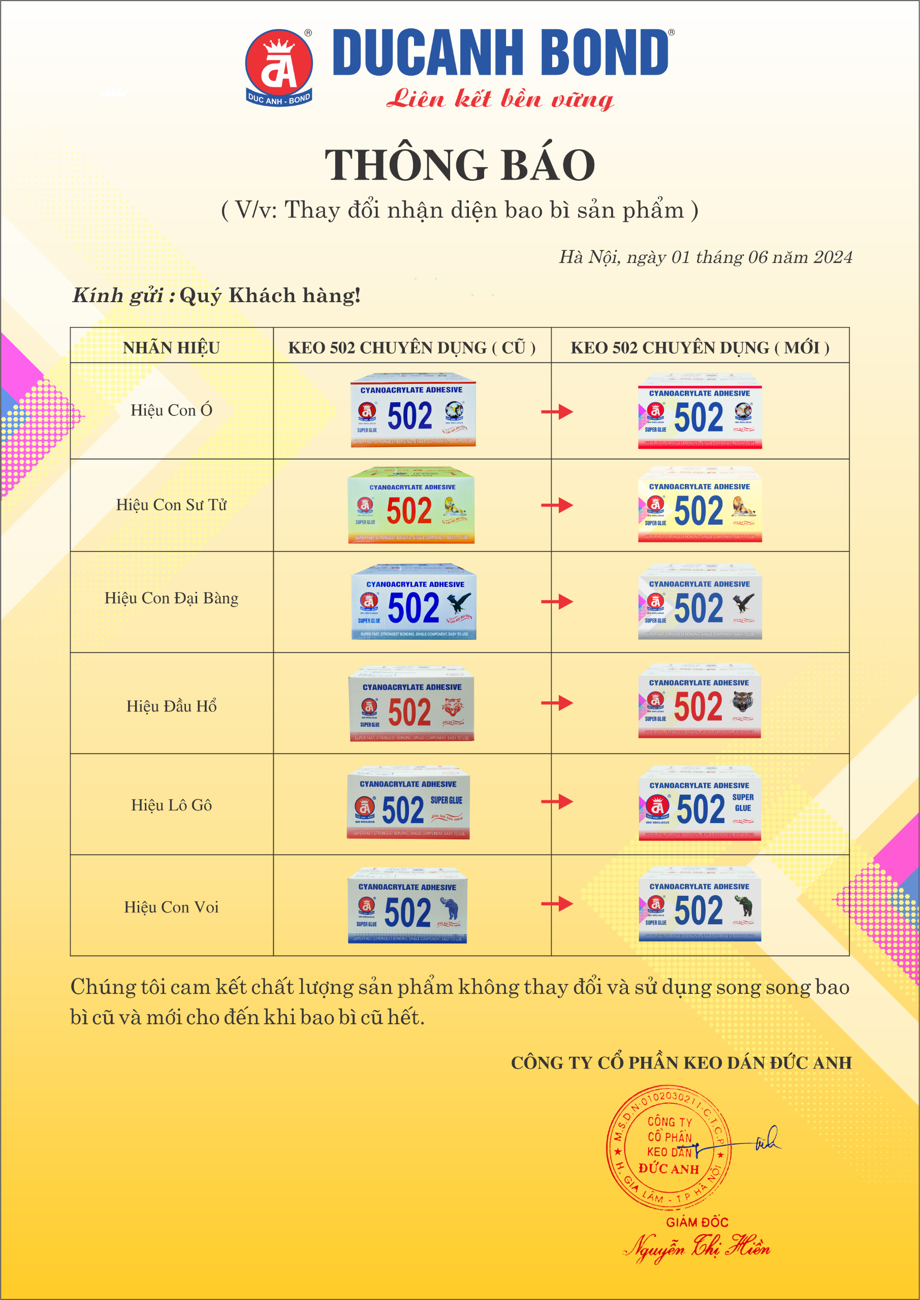 DUCANH BOND thông báo thay đổi hình ảnh nhận diện bao bì sản phẩm Keo 502 chuyên dụng